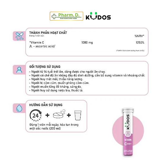 Viên Sủi KUDOS VITAMIN C 1000MG Hỗ Trợ Nâng Cao Sức Đề Kháng ( Tuýp 20 ...