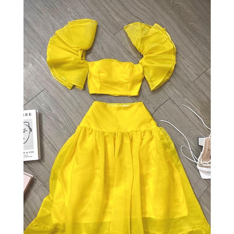 Sét Đầm Váy Maxi Tơ Nhún Vàng Hồng Xanh Cúp Ngực Croptop Phồng Ivyfashion đi Biển Dự Tiệc Dạo