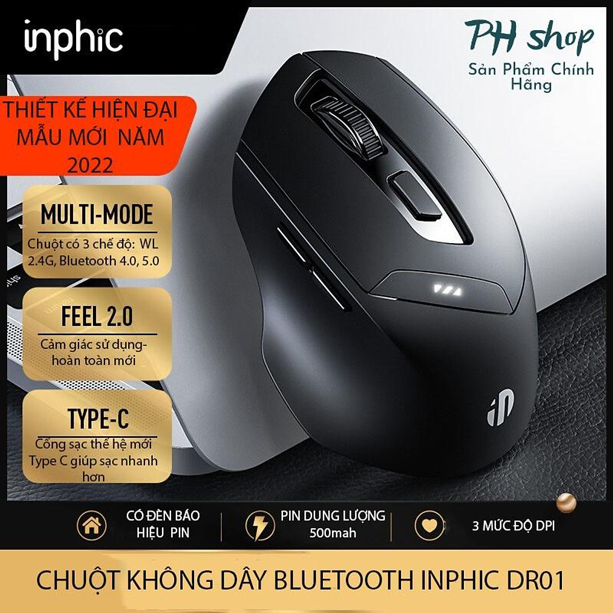 Mua Chuột không dây INPHIC DR01 - Chuột Bluetooth Pin sạc - có đèn Led báo mức Pin - DPI lên đến ...