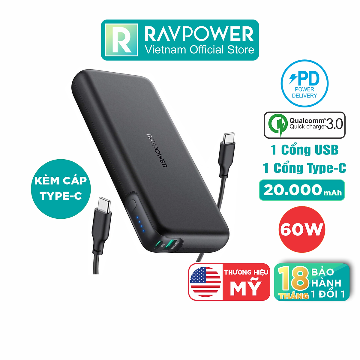 Pin Sạc Dự Phòng RAVPower 20000mAh Quick Charge 3.0 + PD 60W, In/Out ...
