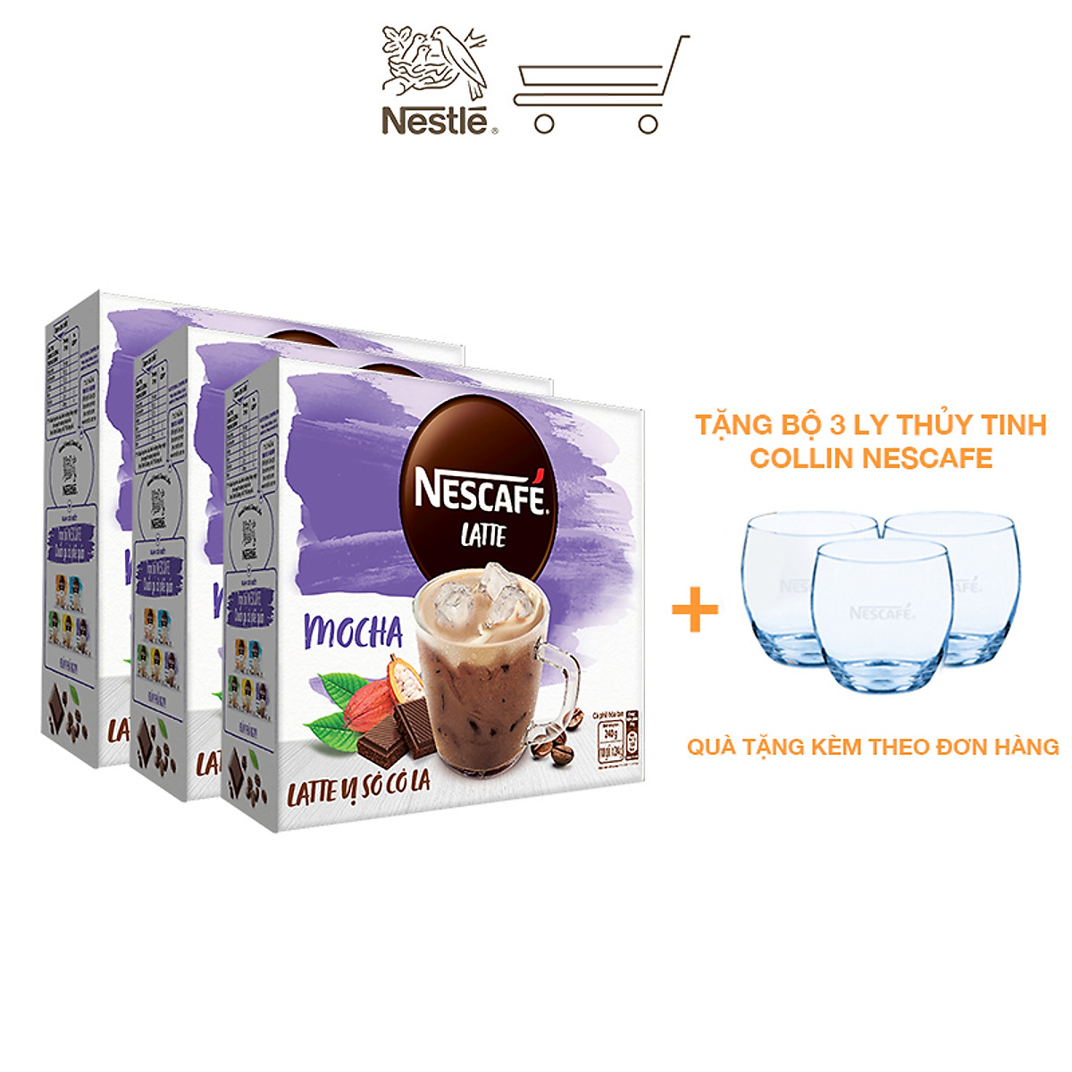 [Tặng bộ 3 ly thủy tinh] Combo 3 hộp cà phê hòa tan Nescafé Latte vị sô ...