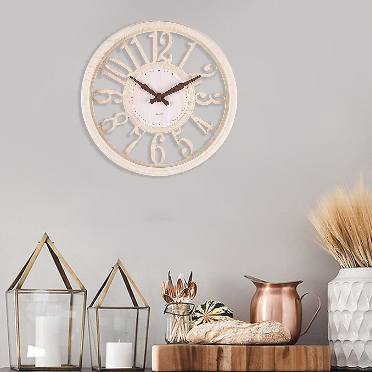 12" European Style Wall Clock Hollow Wood Texture Round for Home Cafe Bar