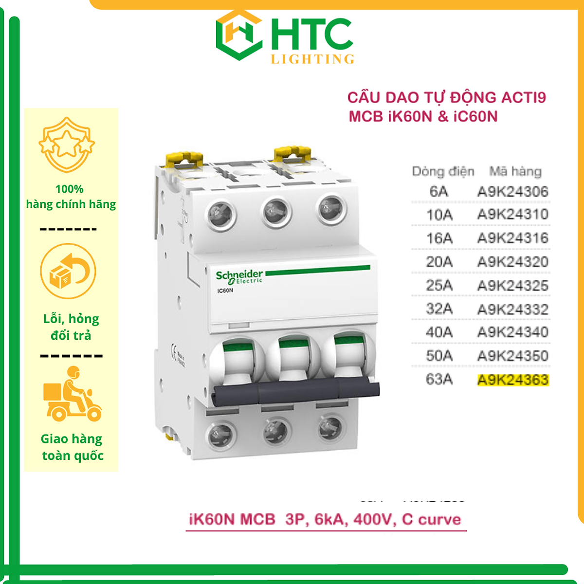 [Hàng chính hãng Schneider Electric] Cầu dao / Aptomat tự động MCB Acti9 IK60N 3P 6kA 400V, C Curve