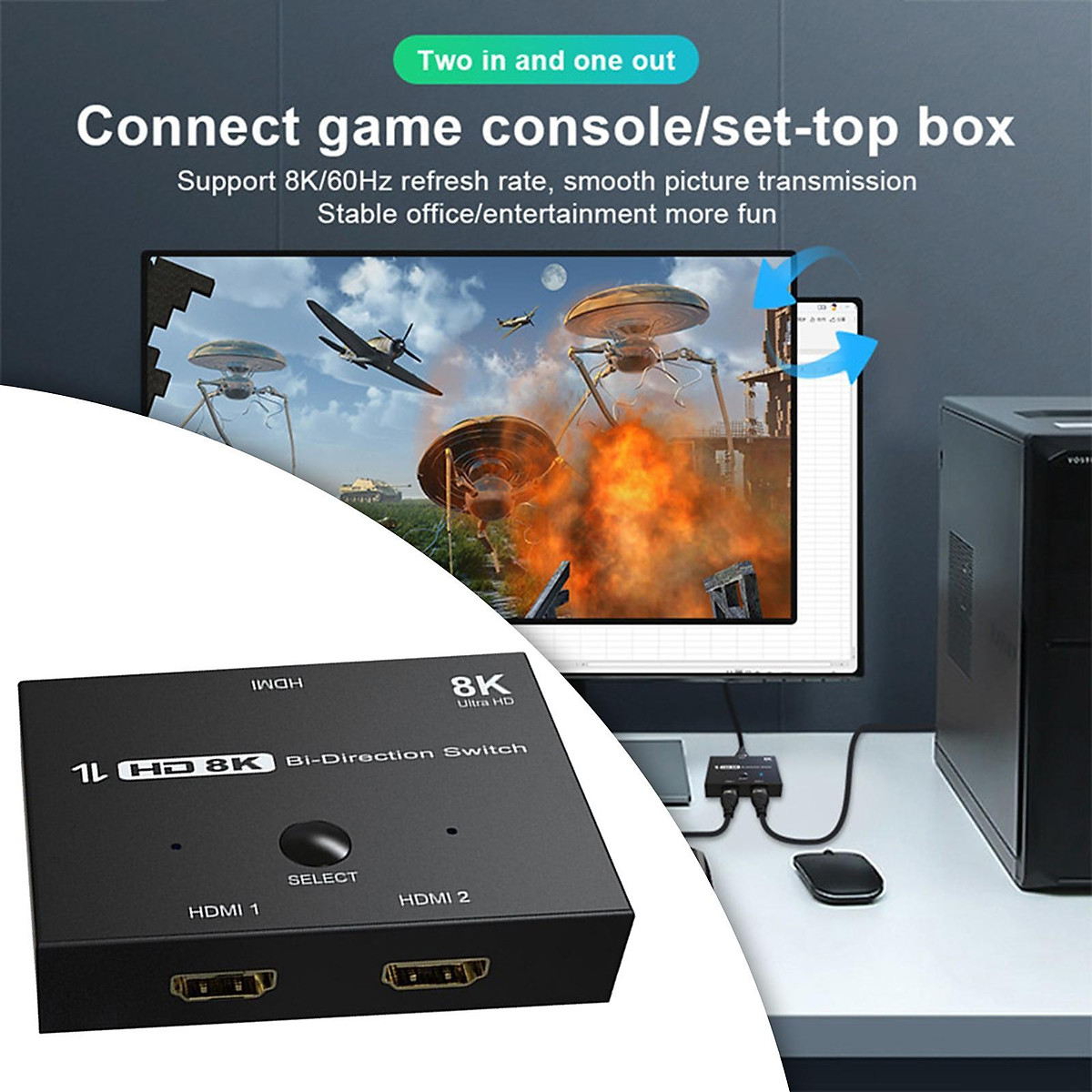 HDMI 2.1 BI-Directional Switch Splitter 2x1 out/1x 2 out 8K@60Hz 4K@120Hz
