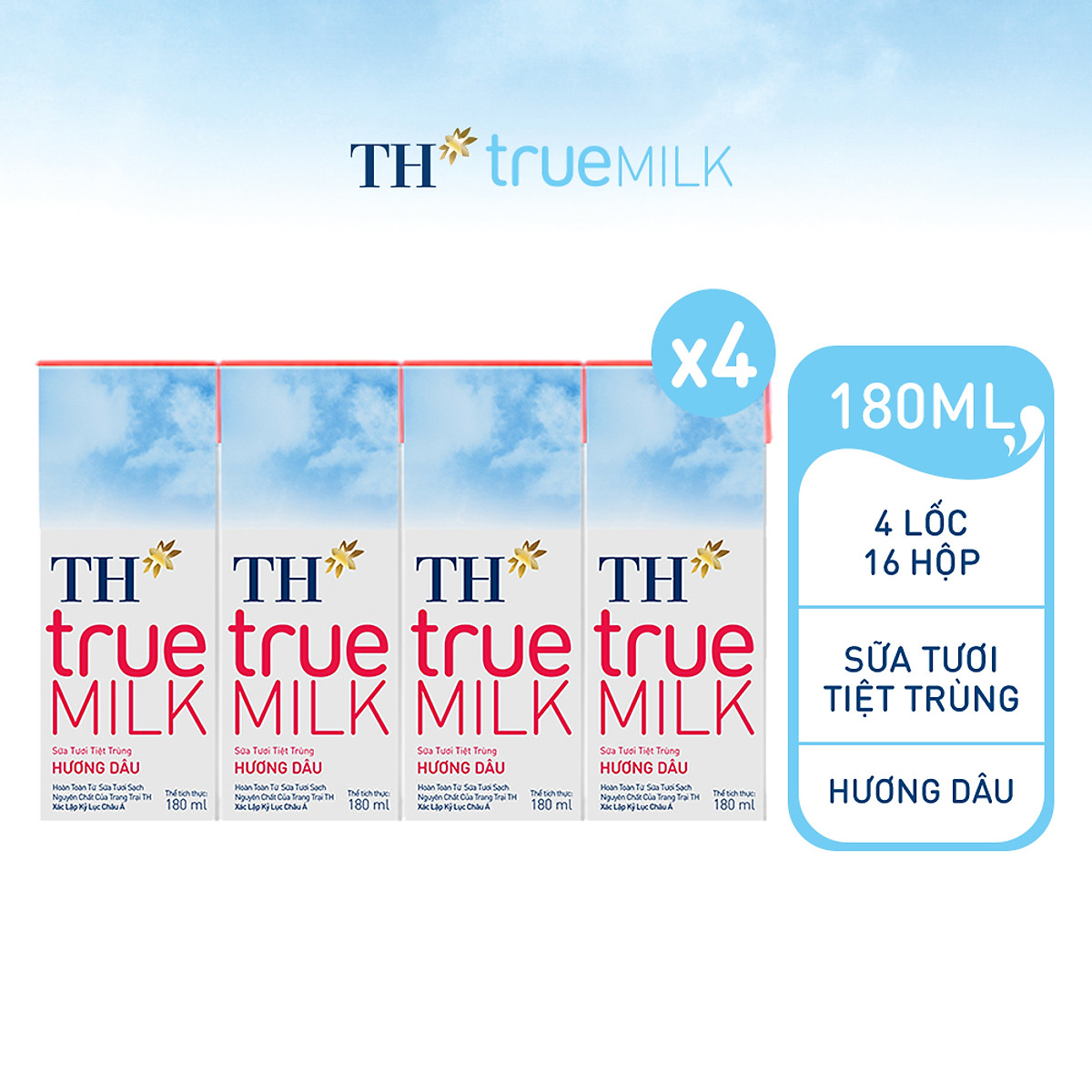 4 Lốc sữa tươi tiệt trùng hương dâu TH True Milk 180ml (180ml x 4 hộp)