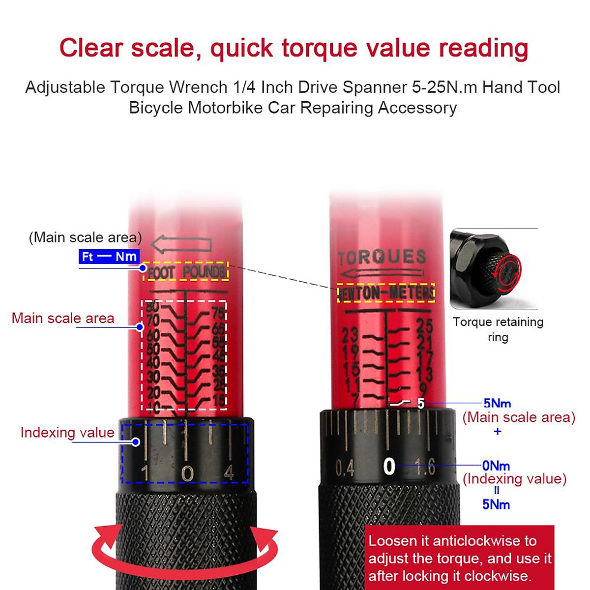 Adjustable Torque Wrench 1/4 Inch Drive Spanner 5-25N.m Hand Tool ...