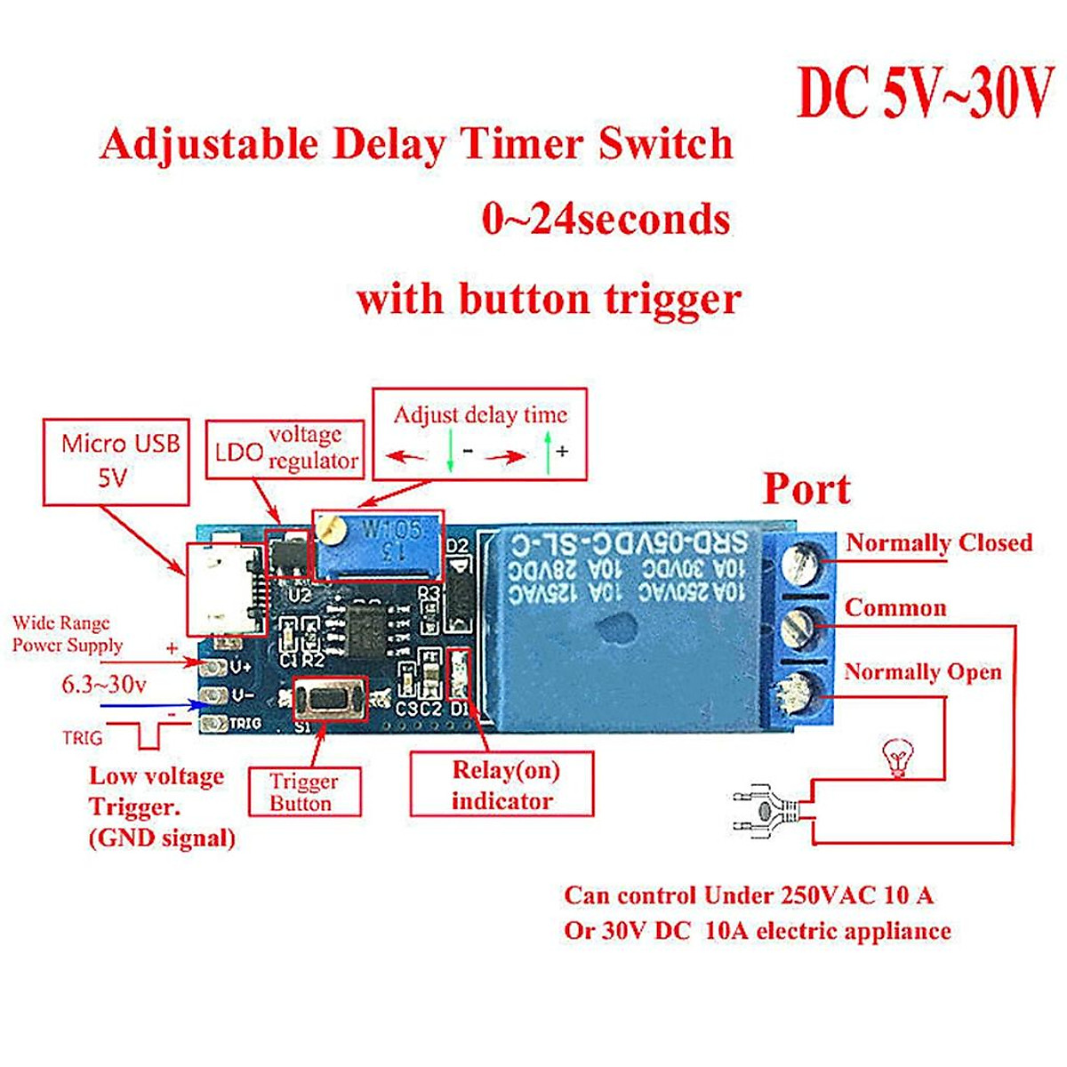Wide Voltage 5v 30v Trigger Power Delay Relay Module Timer Control Module