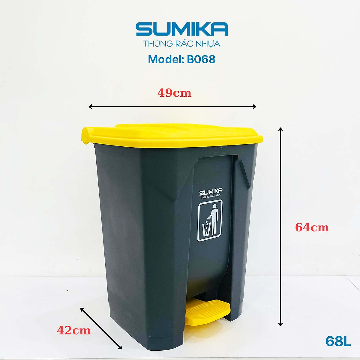 Thùng rác nhựa gia đình SUMIKA B068, dung tích 68L, thùng màu xám, nắp ...