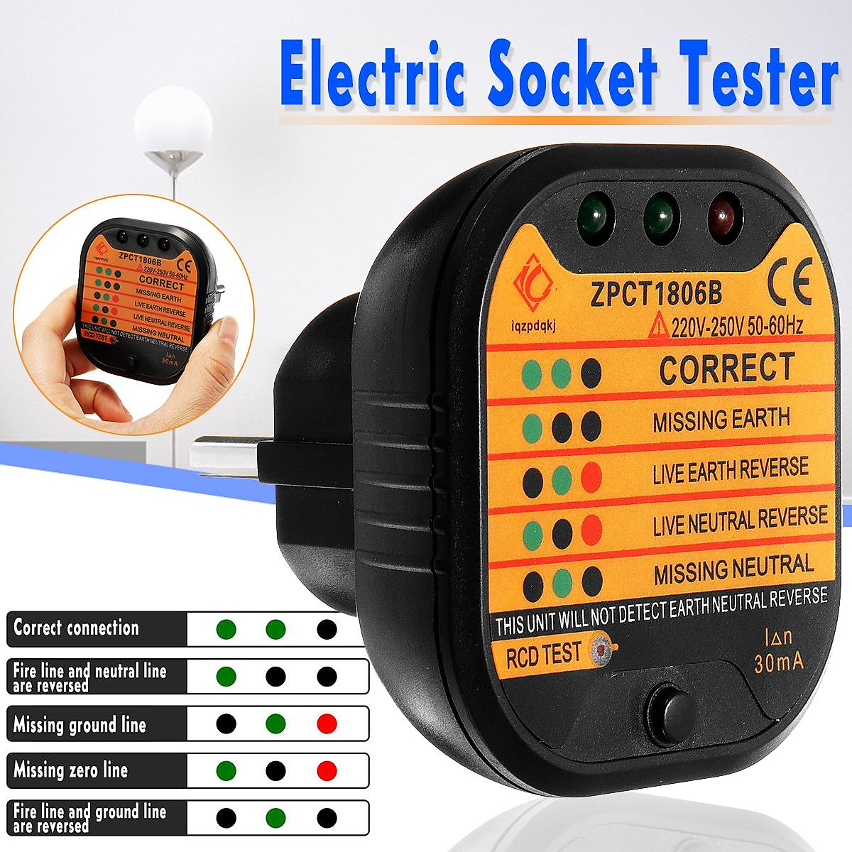 Electrical Socket Tester Neutral Live Earth Wire RCD Switch LED ...