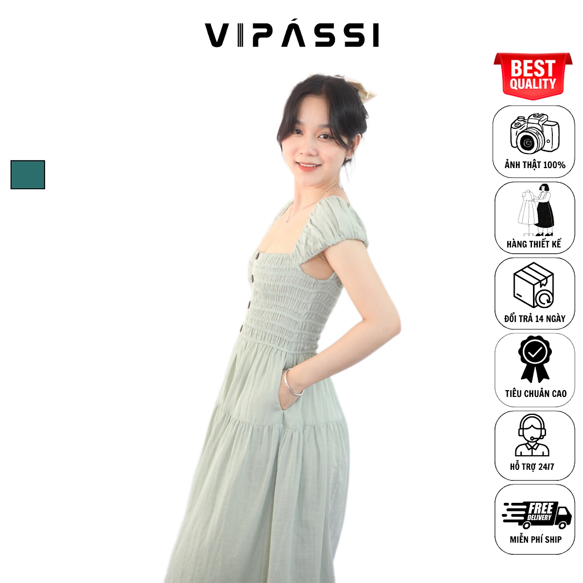 VIPÁSSI Đầm Linen Cộc Tay Dáng Dài Trễ Vai Nhún Thun Smocking Tùng Xòe Màu Xanh Bạc Hà