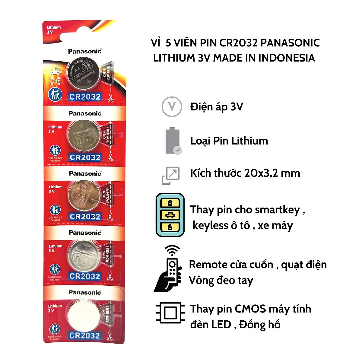 5 Viên Pin CR2032 3V Panasonic Lithium thay pin Smartkey , Cmos , Pin ...