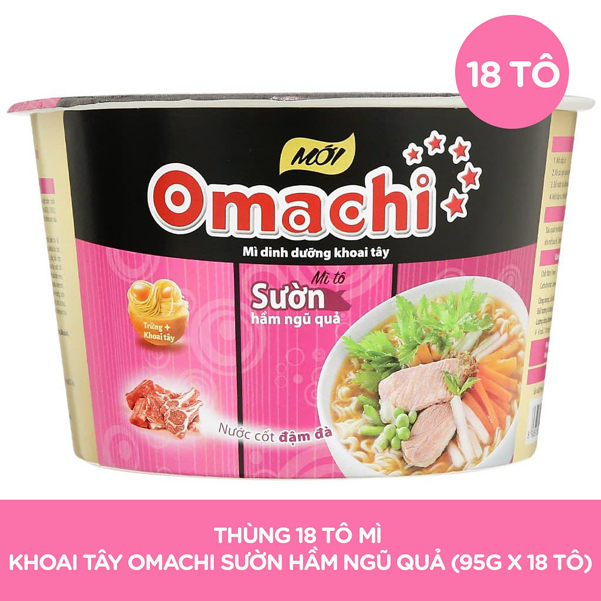 Mua Thùng 18 Tô Mì Khoai Tây Omachi Sườn Hầm Ngũ Quả (95g x 18 tô)