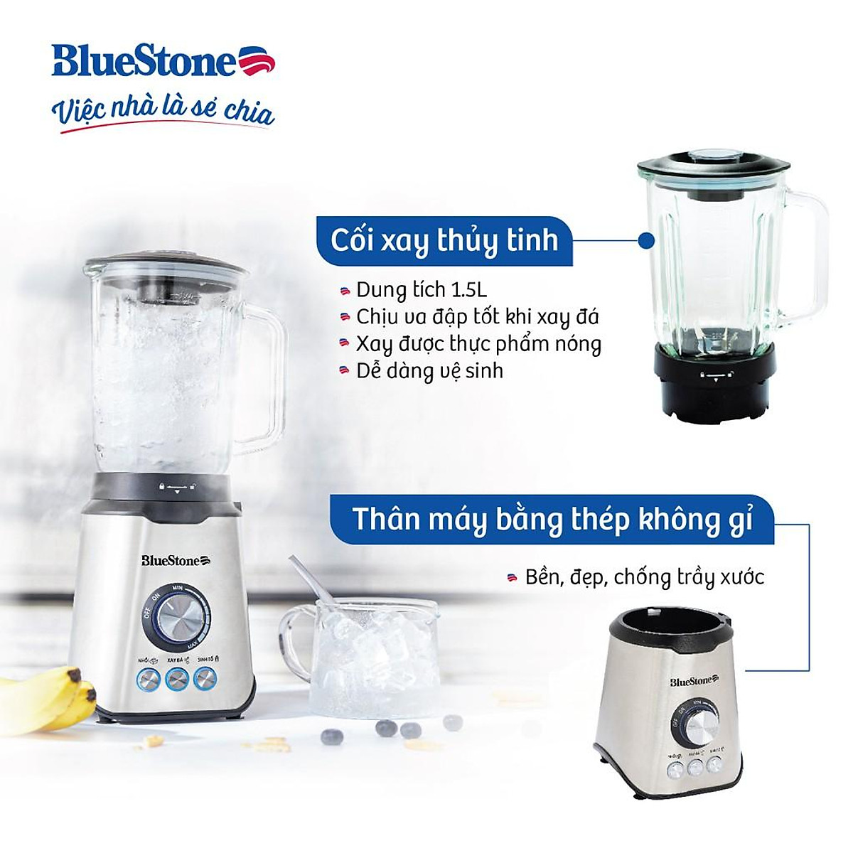 Máy Xay Sinh Tố BlueStone BLB-5339, 800W Cối Thủy Tinh Và Inox 304, Xay được hạt và đá, Hàng ...