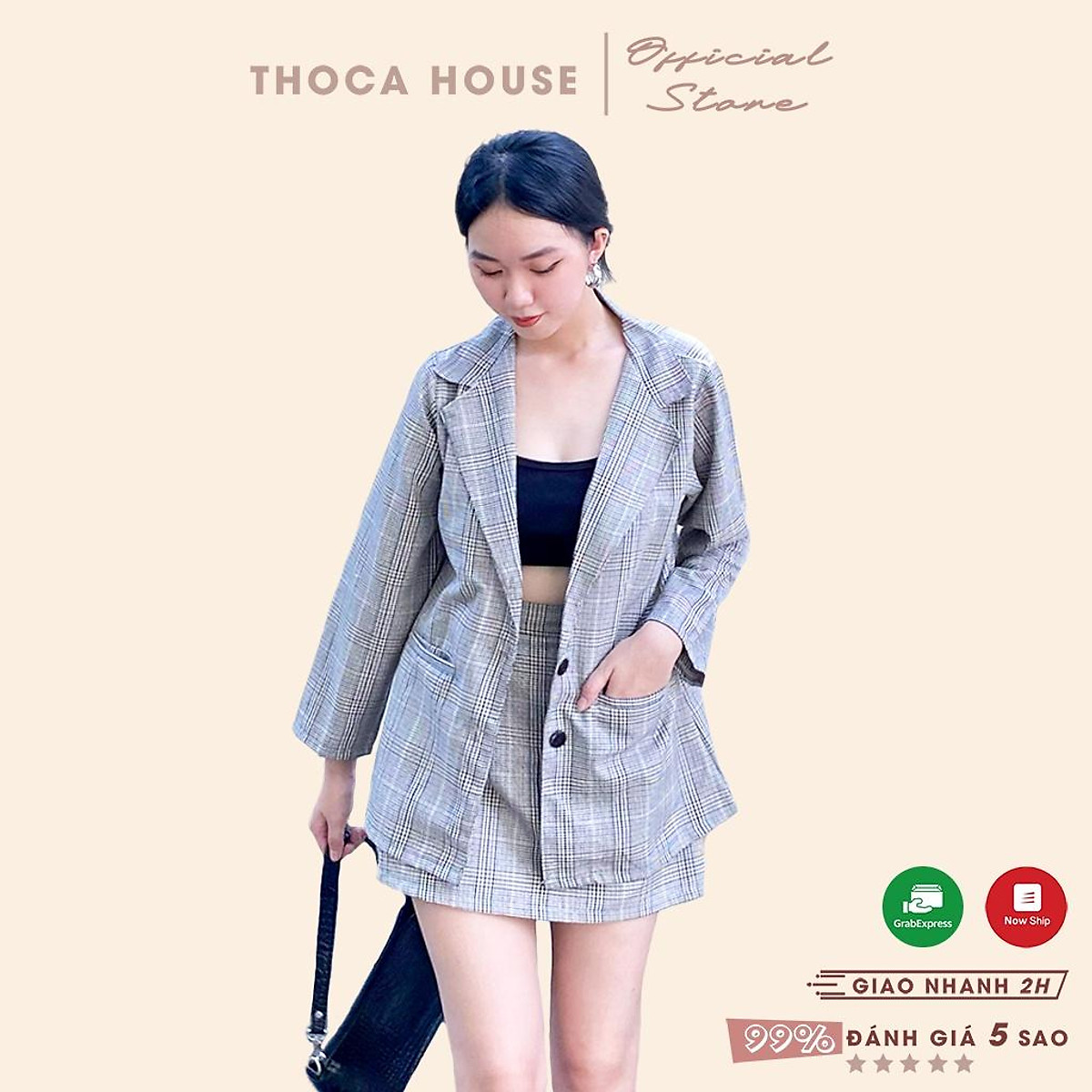 Mua Set áo vest nữ phối chân váy caro túi mổ THOCA HOUSE hàng may thiết kế chuẩn form chuyên ...