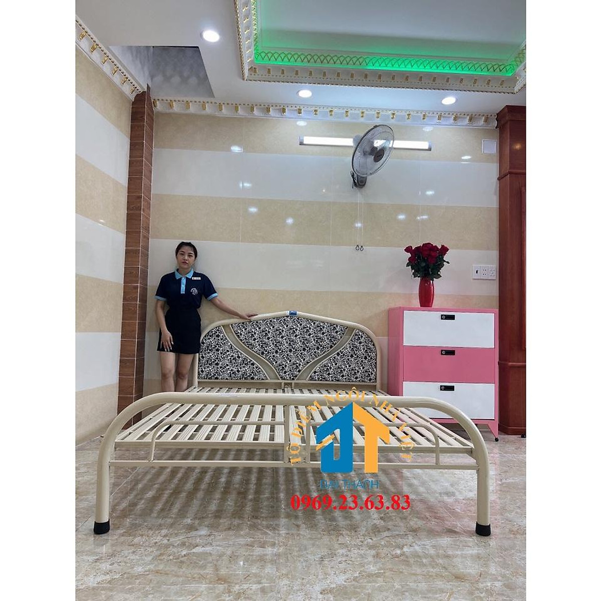 Giường sắt kích thước ngang 1M8 dài 2M – GS38 mẫu đơn giản, tiện dụng