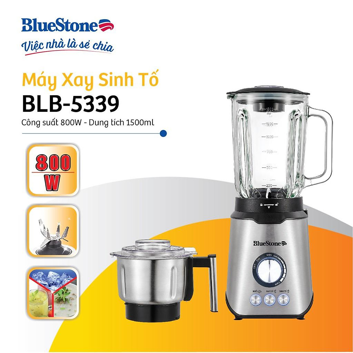 Máy Xay Sinh Tố BlueStone BLB-5339, 800W Cối Thủy Tinh Và Inox 304, Xay được hạt và đá, Hàng ...