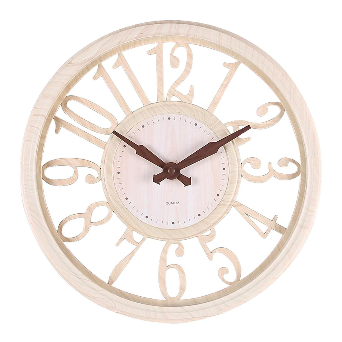 12" European Style Wall Clock Hollow Wood Texture Round for Home Cafe Bar