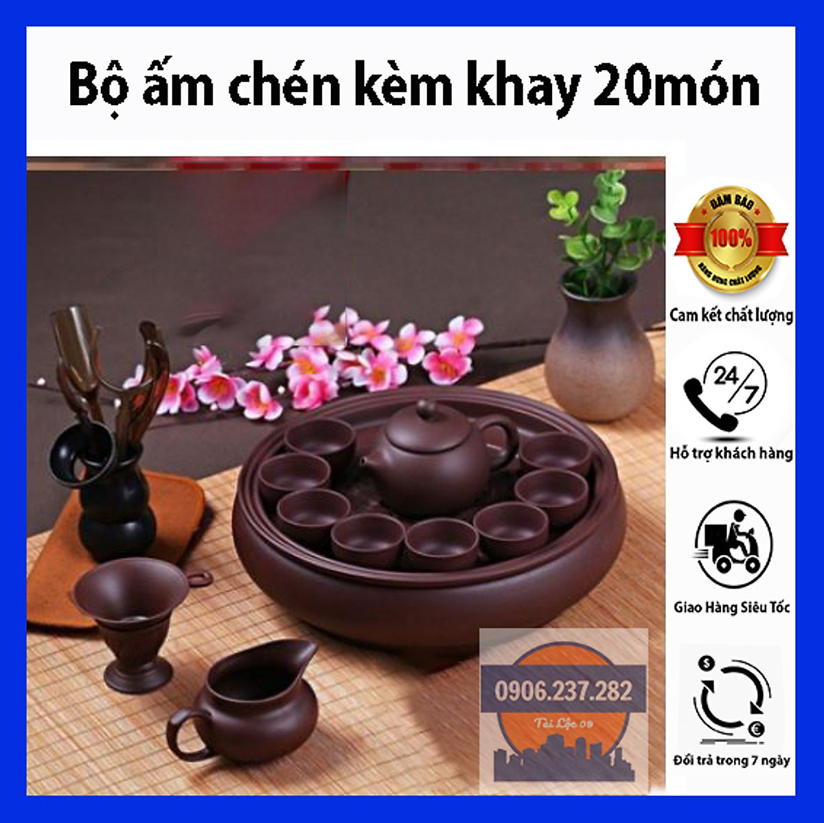 Bộ ấm trà đạo - bộ ấm pha trà gồm 8 chén, có khay tròn đựng chén, dụng ...