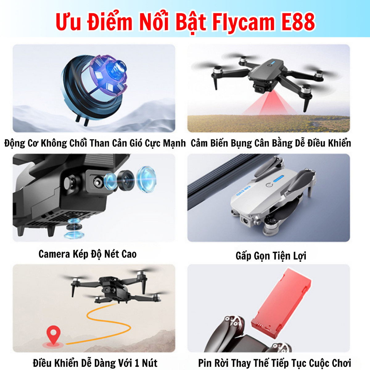 Máy Bay Flycam Camera 4K E88 Max 2024 Cao Cấp Động Cơ Không Chổi Than ...