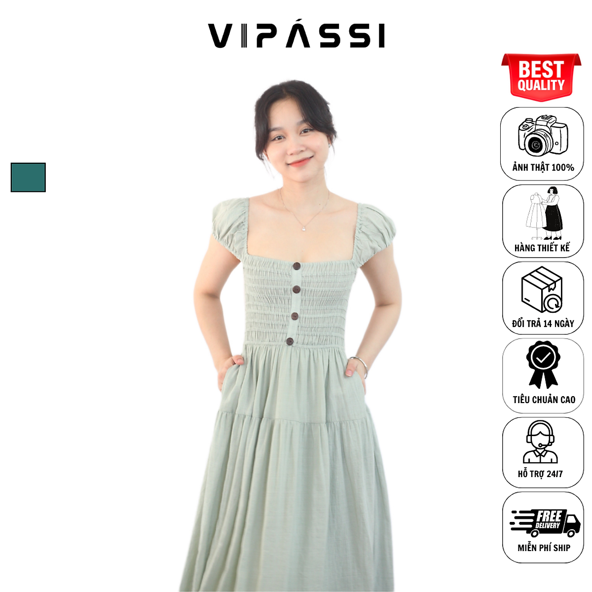 VIPÁSSI Đầm Linen Cộc Tay Dáng Dài Trễ Vai Nhún Thun Smocking Tùng Xòe Màu Xanh Bạc Hà
