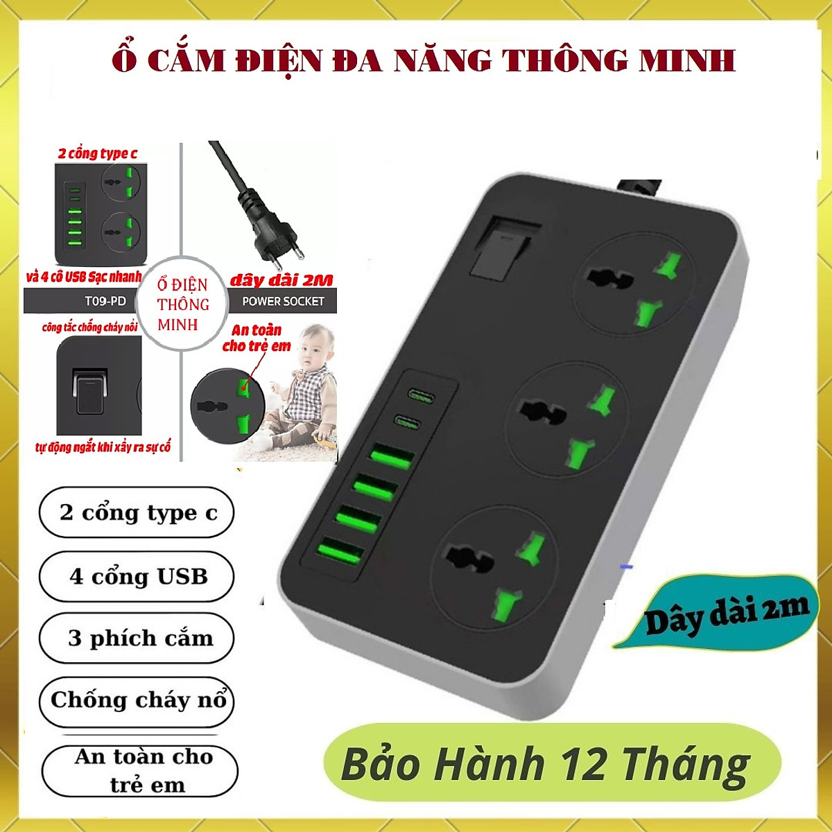 Ổ cắm điện đa năng Hoco DC15 sạc nhanh PD18W hỗ trợ 4 cổng USB- cổng AC ...