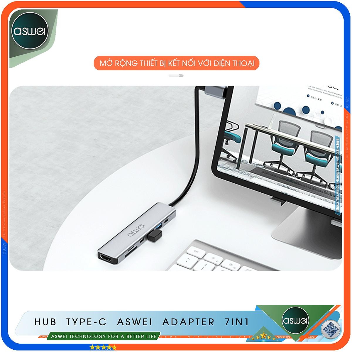 Hub Type C ASWEI 7in1 To HDMI, USB 3.0, SD, TF, USB-C, PD - Hub Chuyển ...