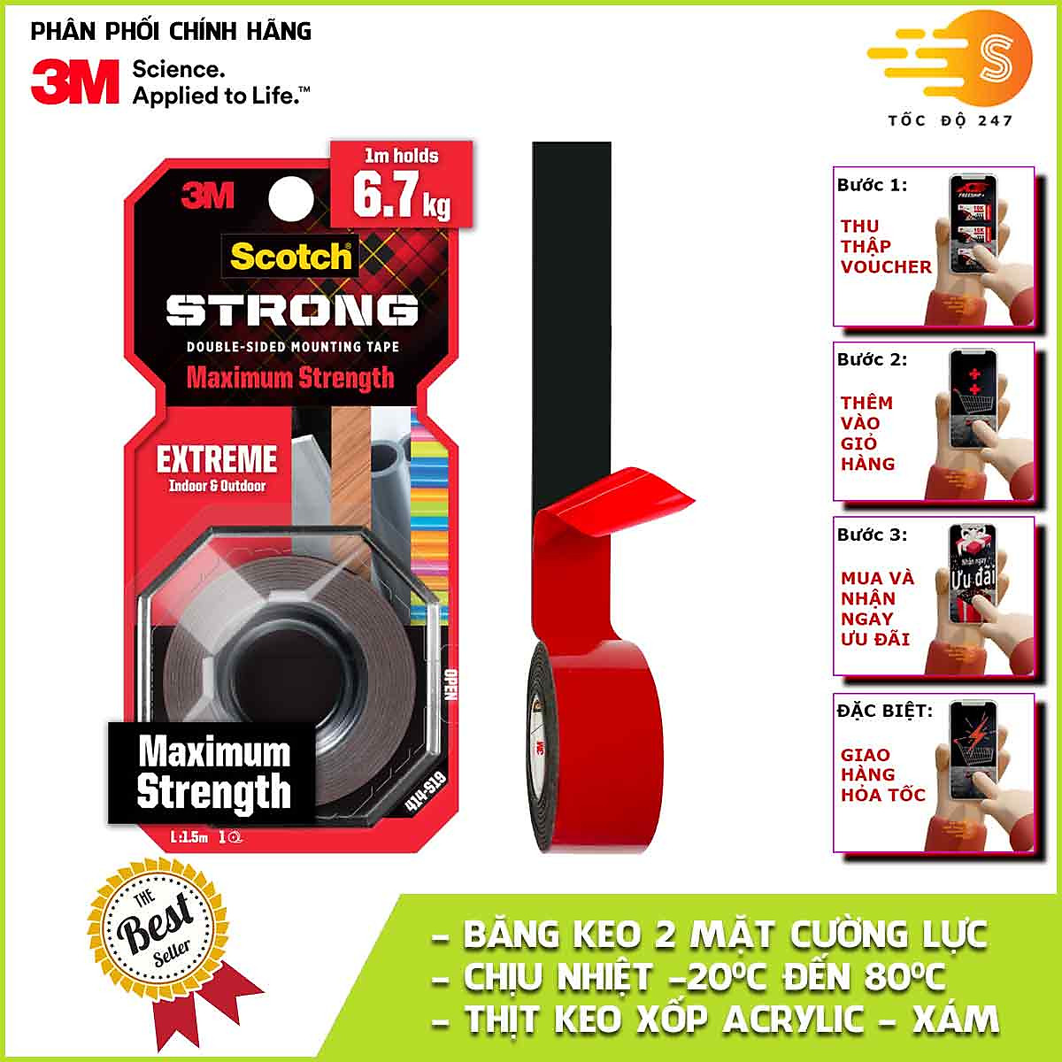 Băng keo cường lực 2 mặt màu xám khổ rộng 19mm Scotch 3M SB-BK414 - Nhiều kích thước, siêu dính ...