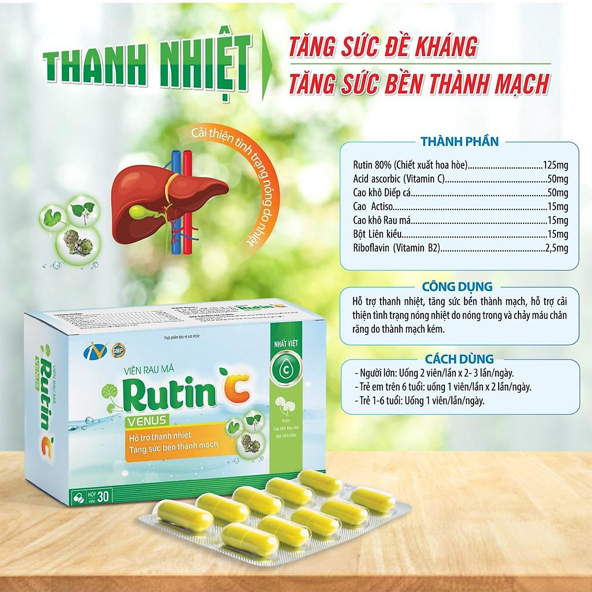Viên rau má giải nhiệt Rutin C Venus - 30 viên - Hệ miễn dịch