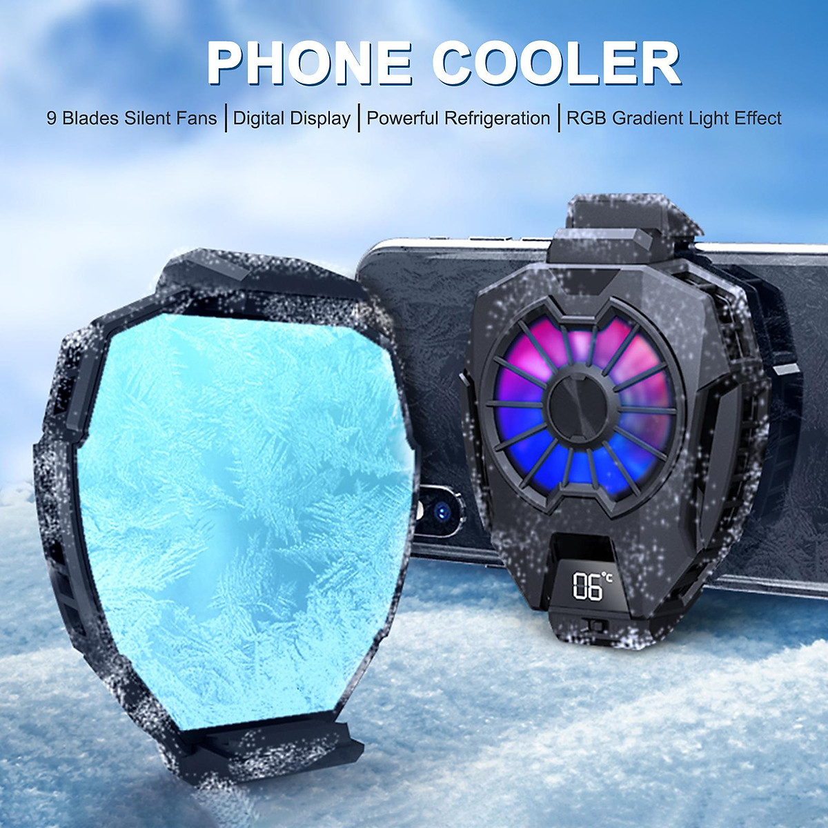 Phone Cooler Poweful Cooling Radiator with Digital Display 9 Blades Fan ...