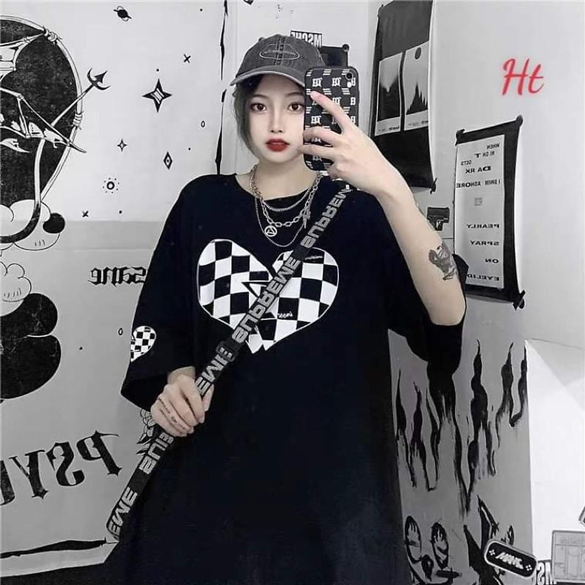 Mua Áo phông trái tim caro in tay H2G544 - Đen,Tici tại Áo Thun Hải Anh