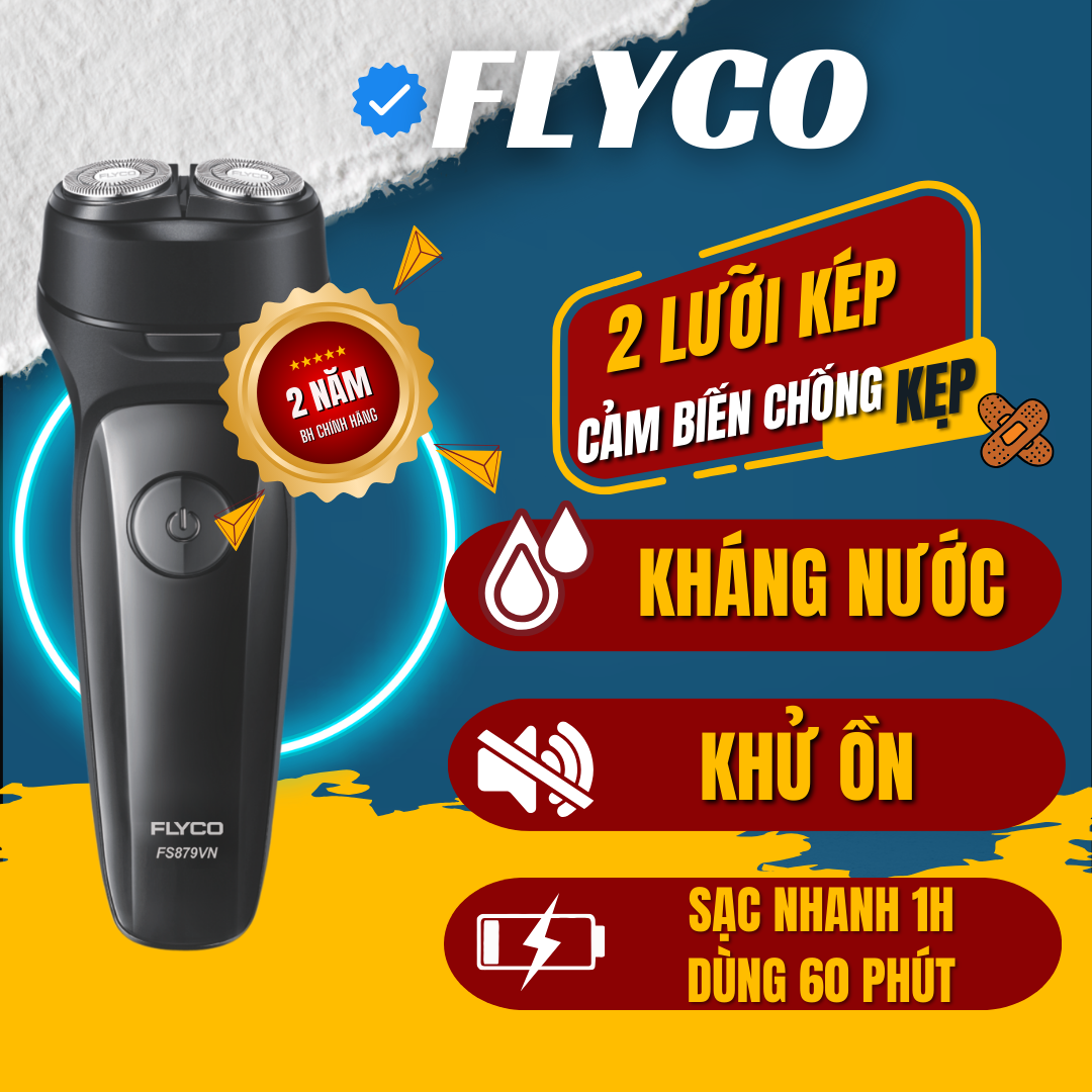 Review Máy Cạo Râu Flyco 2 Lưỡi Kép FS879VN Thân Máy Kháng Nước Sạc Nhanh 1 Giờ Hàng Chính Hãng