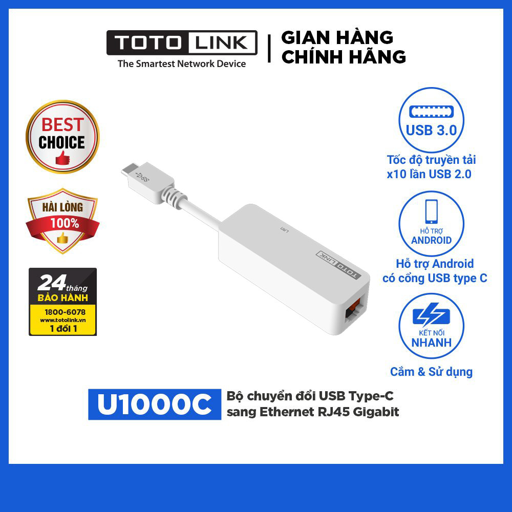 Review U1000C - Bộ chuyển đổi USB Type-C sang Ethernet RJ45 Gigabit Hàng chính hãng Totolink.