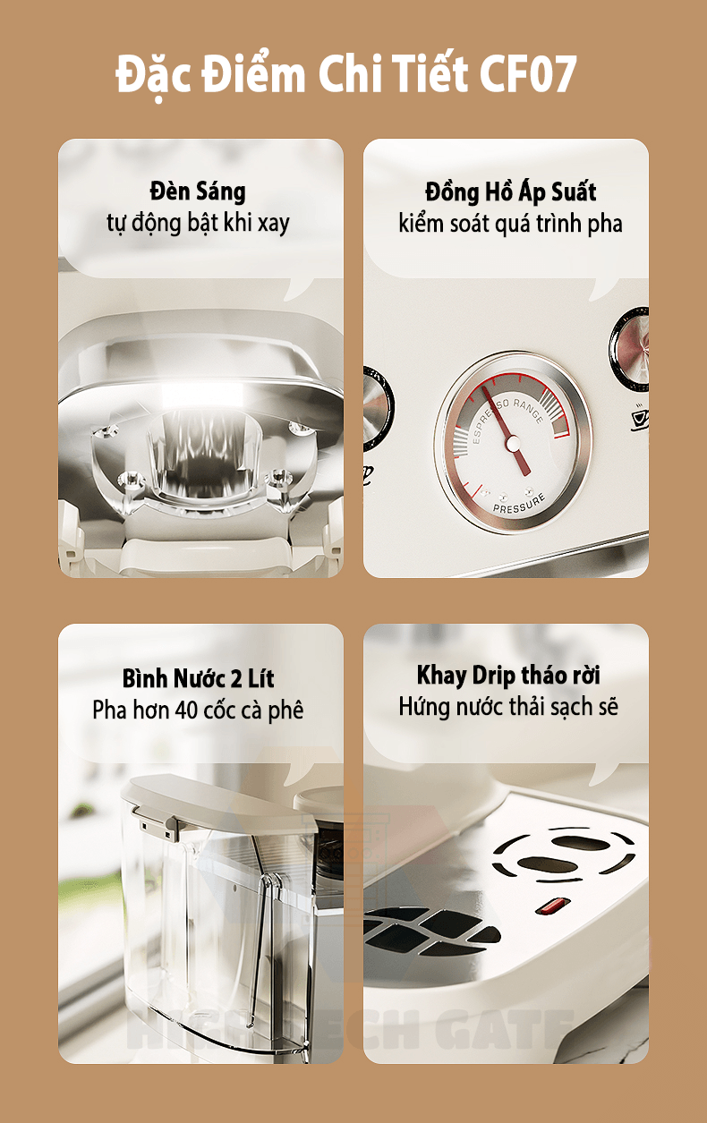 Review Máy pha cà phê Hitech CF07 tích hợp xay bột cà phê 15 mức, đánh bọt sữa, pha espresso 19 ...