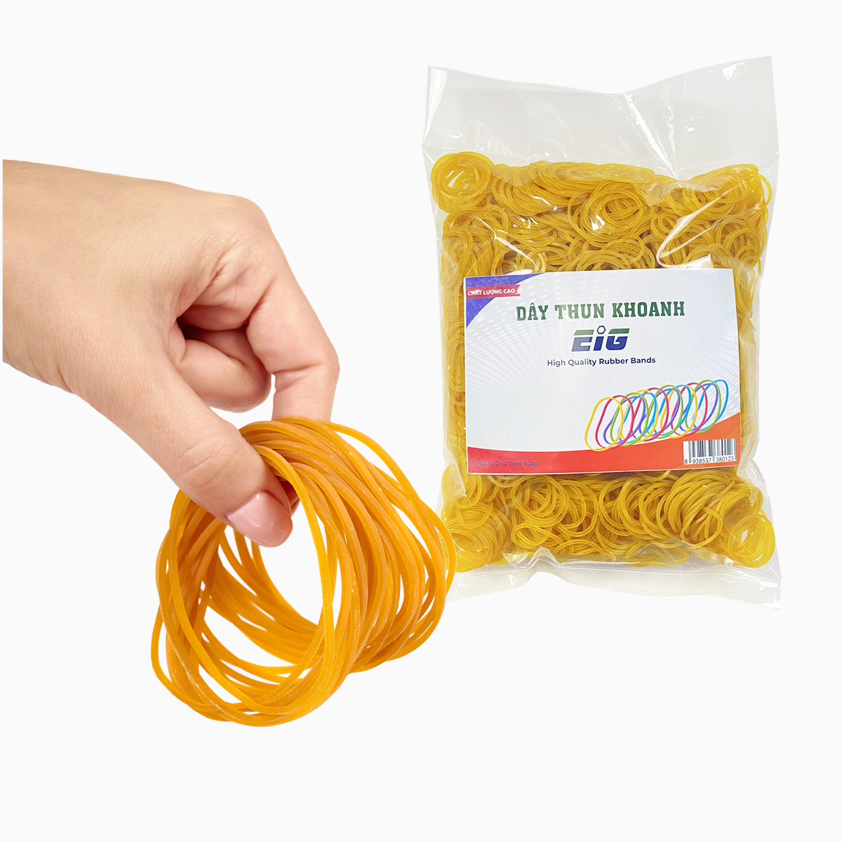 Mua Dây Thun (Dây Chun) Cao Su Khoanh Tròn Cao Cấp EIG 500gr Màu Vàng tại Bao Bì EIG